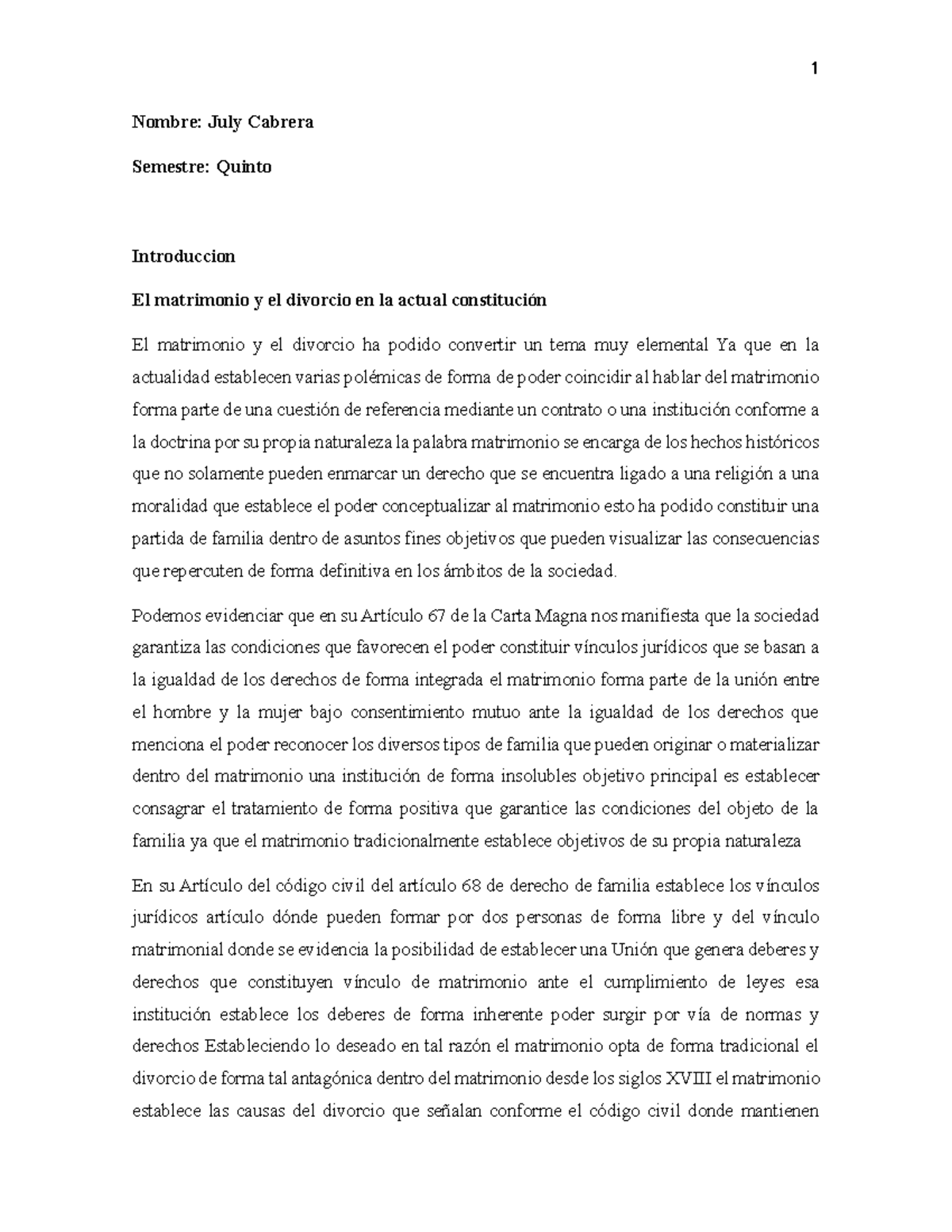 EL Matrimonio Y EL Divorcio - Nombre: July Cabrera Semestre: Quinto ...