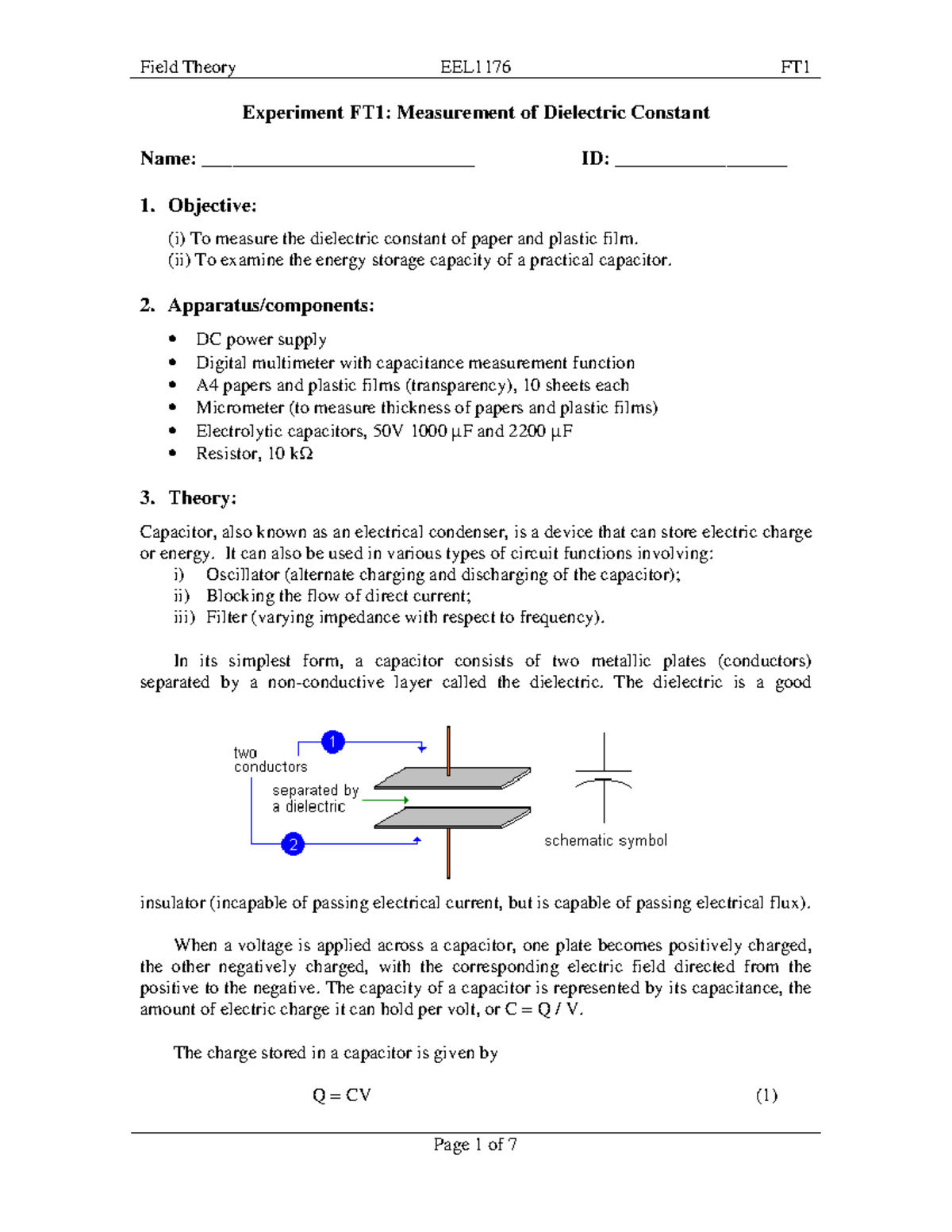EEL1176 Lab 1 - Lab experiment of Chapter 1 and 2 - Field Theory ...
