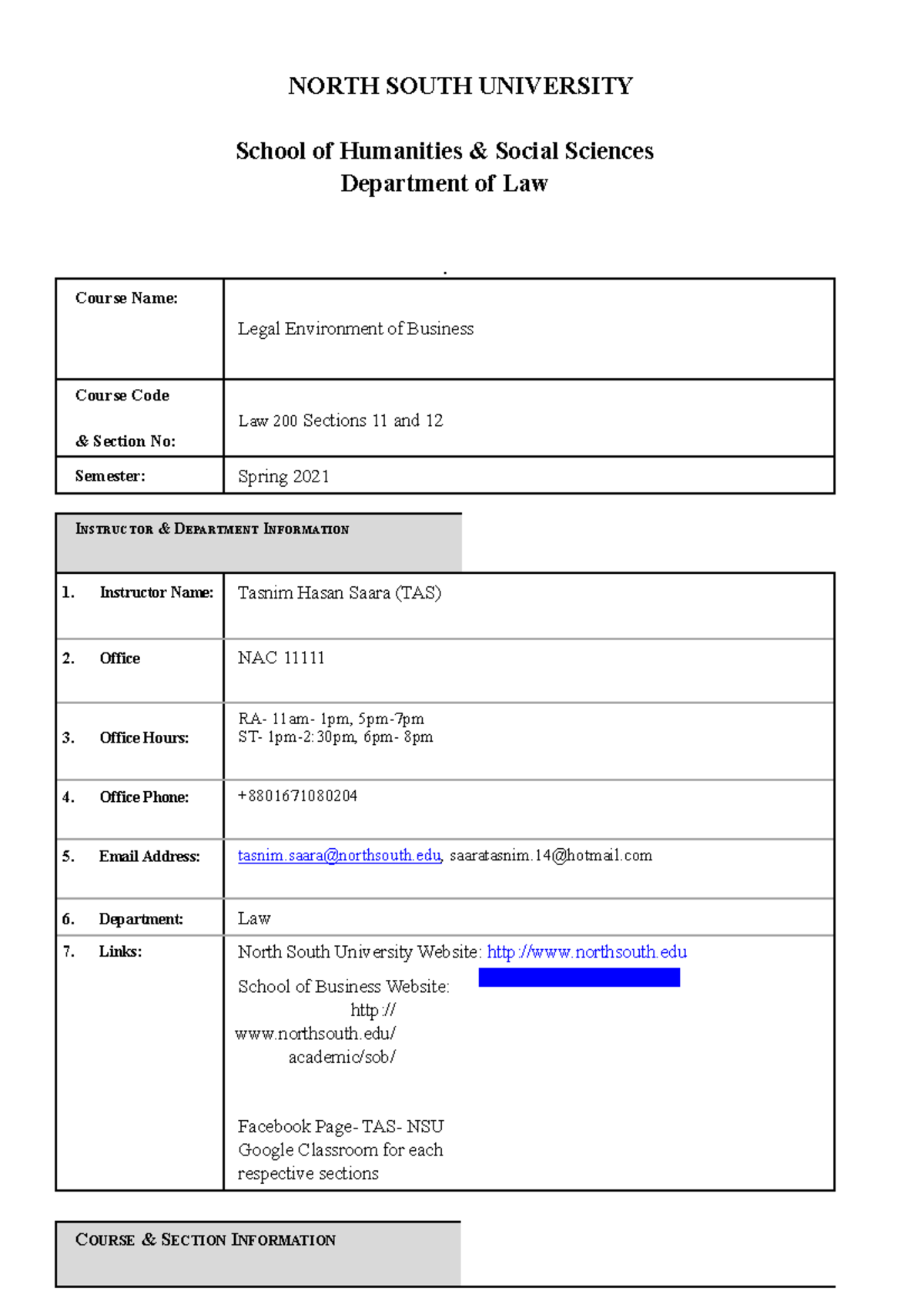 LAW 200, Spring 2021 Course Outline - NORTH SOUTH UNIVERSITY School of ...