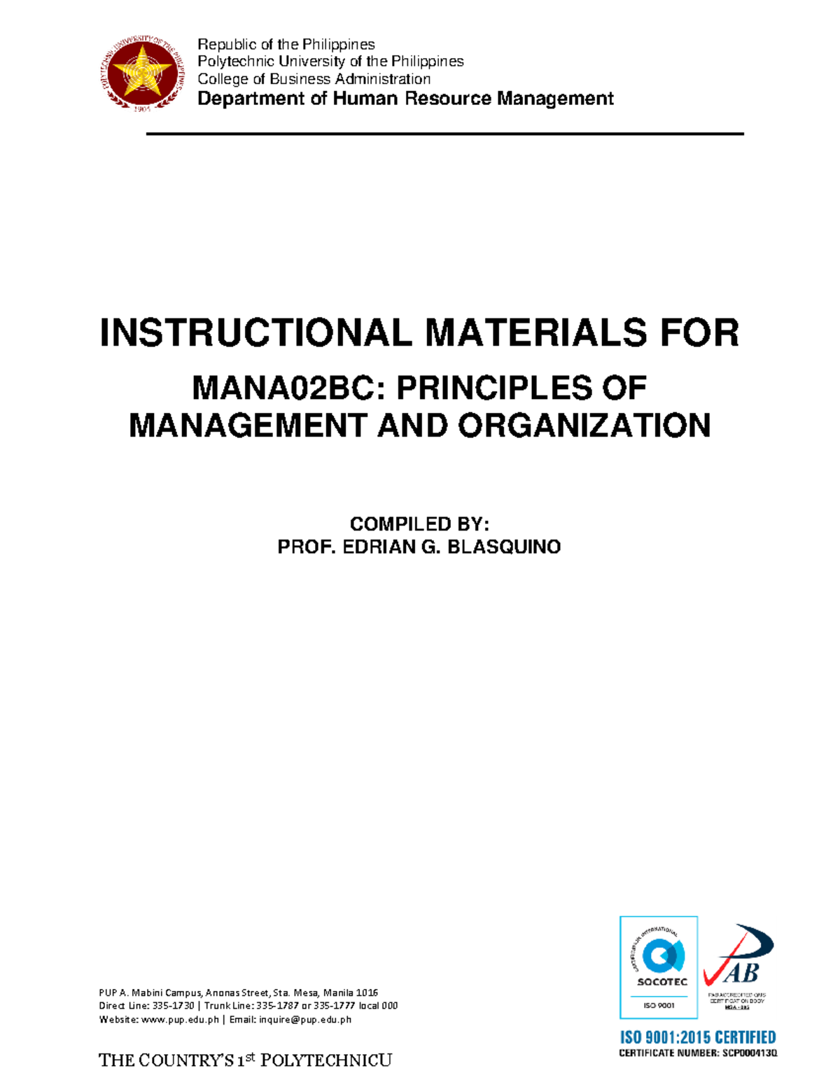 Principles of Management and Organization-Instructional Materials ...