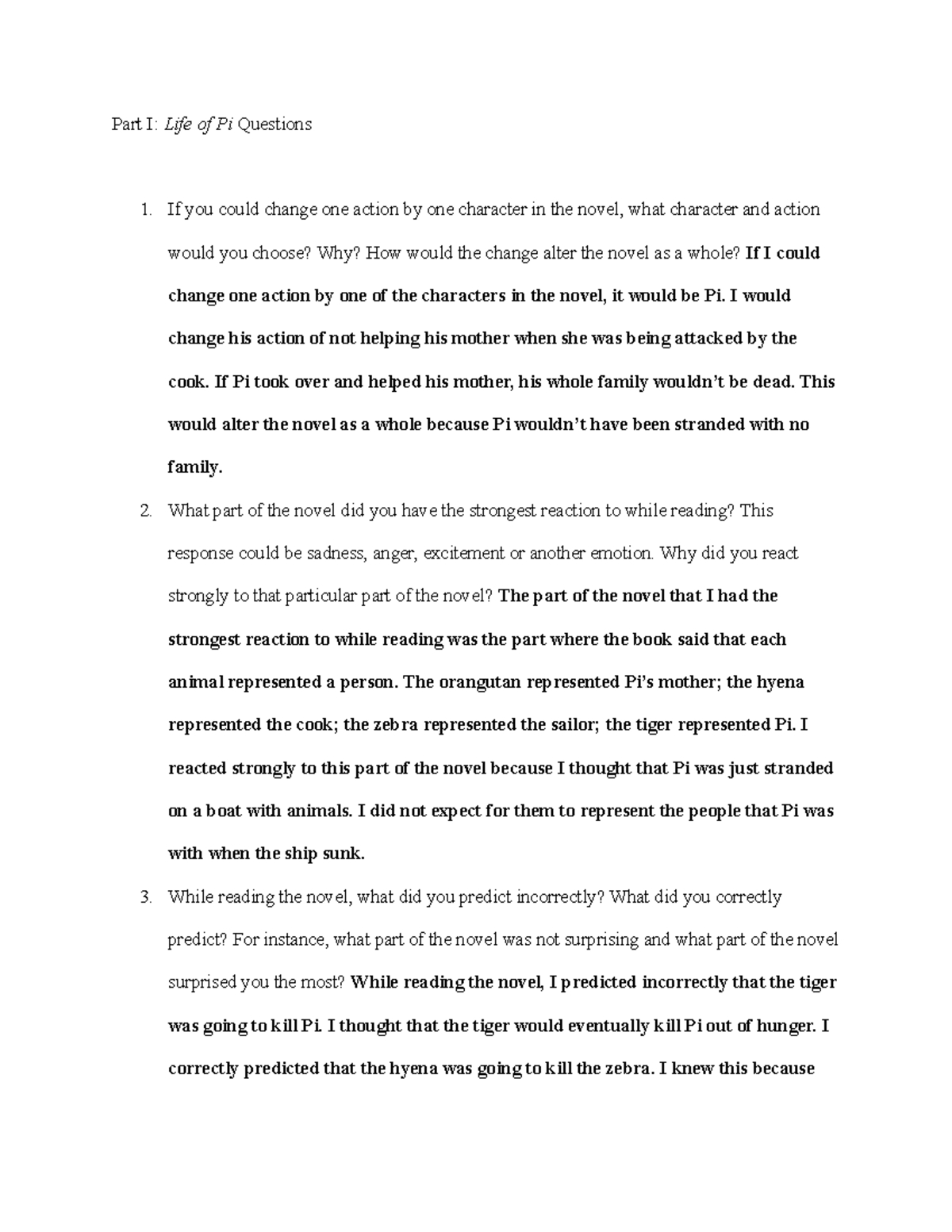 Life of Pi Study Questions and Reflections - Studocu