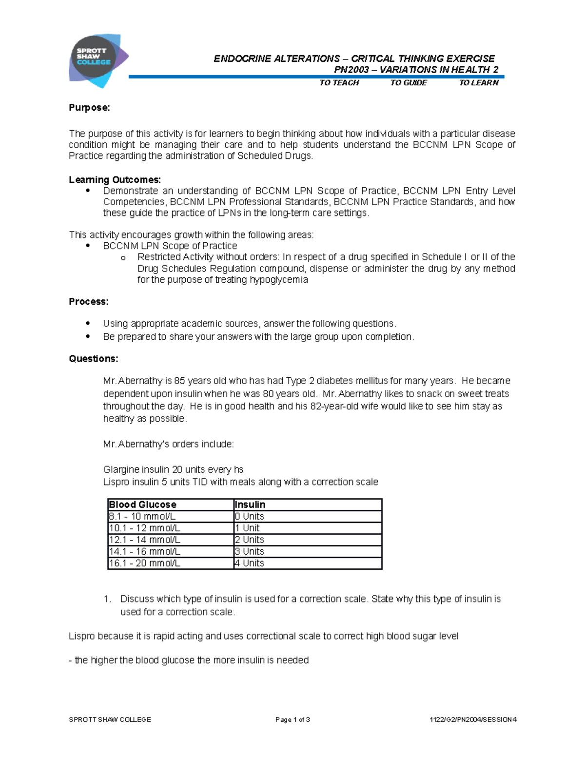 Learning Activity - Endocrine Alterations - Critical Thinking Exercise ...