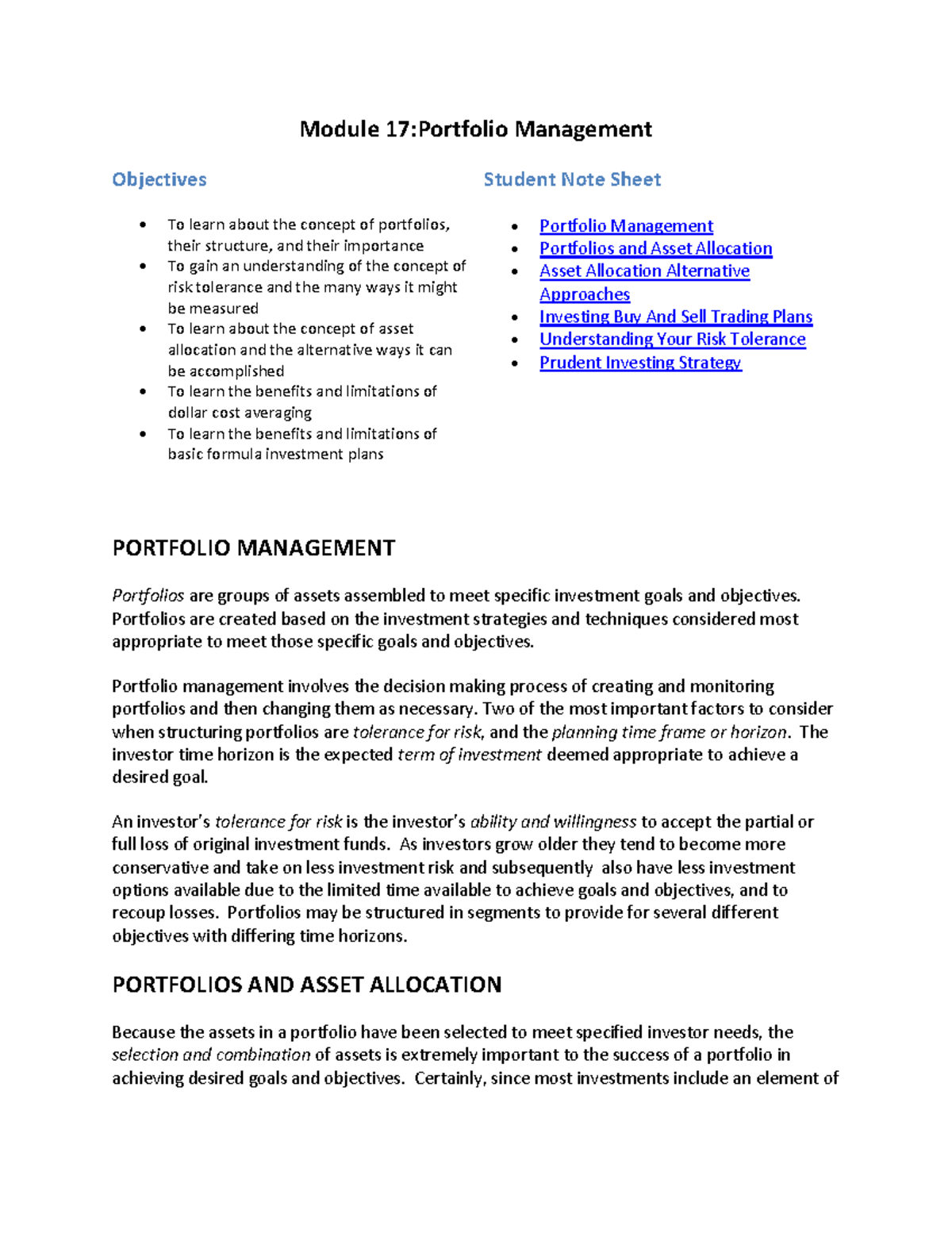 Module 17 portfolio management - Module 17:Portfolio Management ...