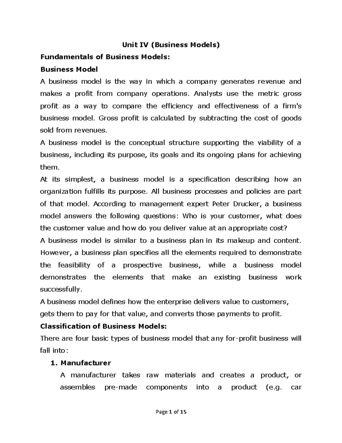 Unit IV (Business Models) - Unit IV (Business Models) Fundamentals of ...