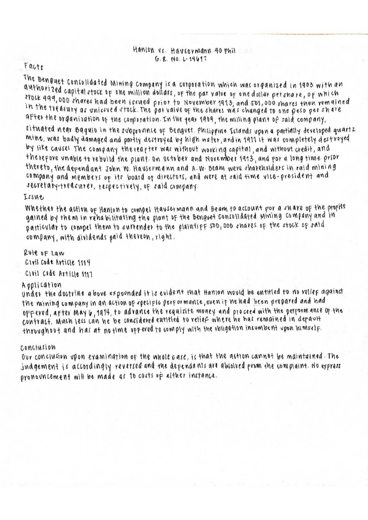 15 case analysis (group 1) - Hanlon vs. Hausermann 40 Phil G. NO. Facts ...