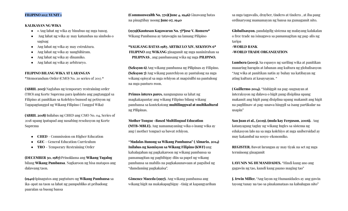 Filipino-201- Reviewer - Yunit-1-4 - FILIPINO 102: YUNIT 1 KALIKASAN NG ...