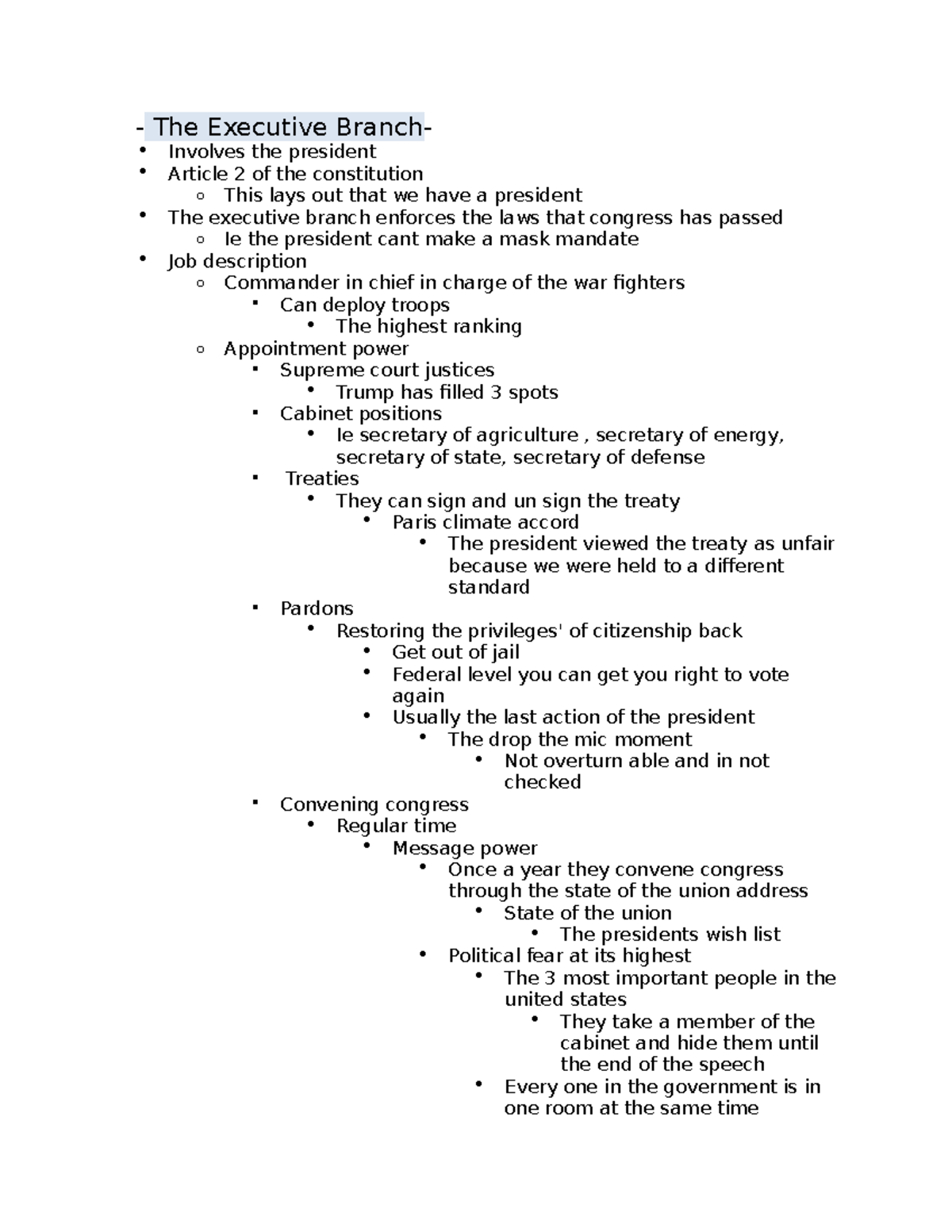 The Executive Branch - Lecture notes 16,17 - The Executive Branch ...