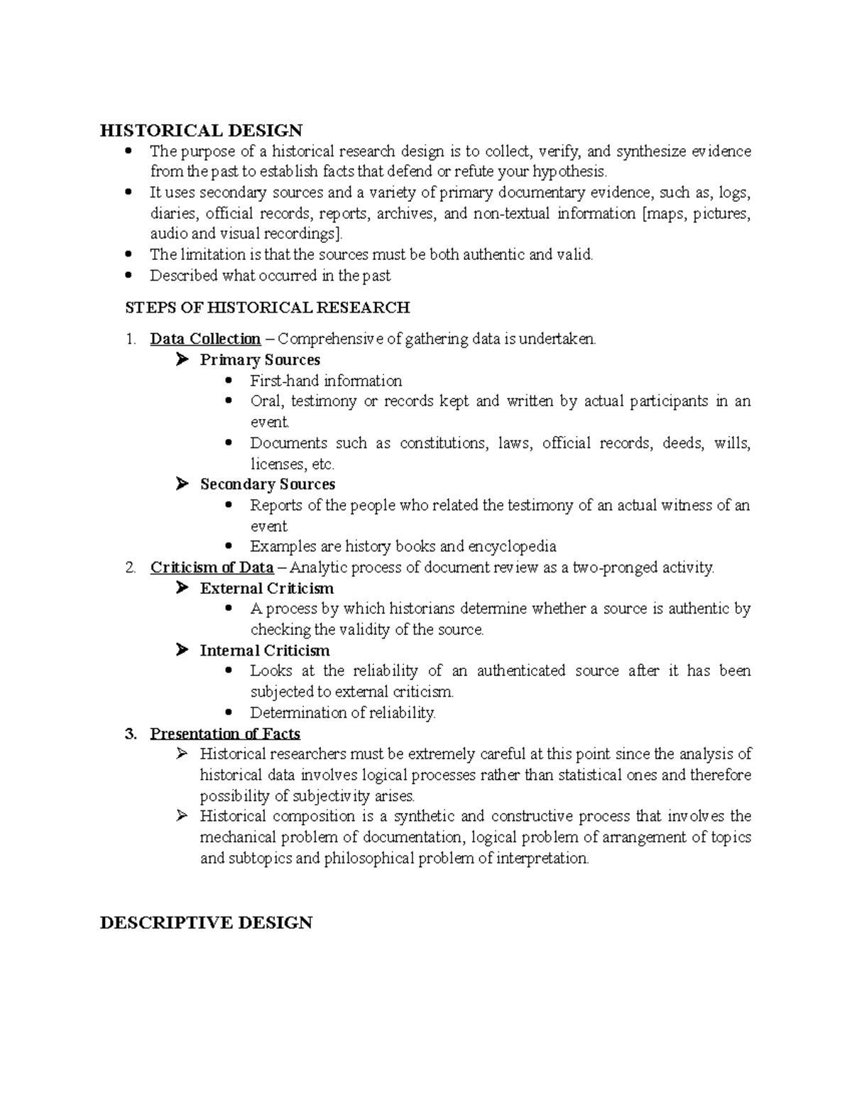 Research notes - HISTORICAL DESIGN The purpose of a historical research ...