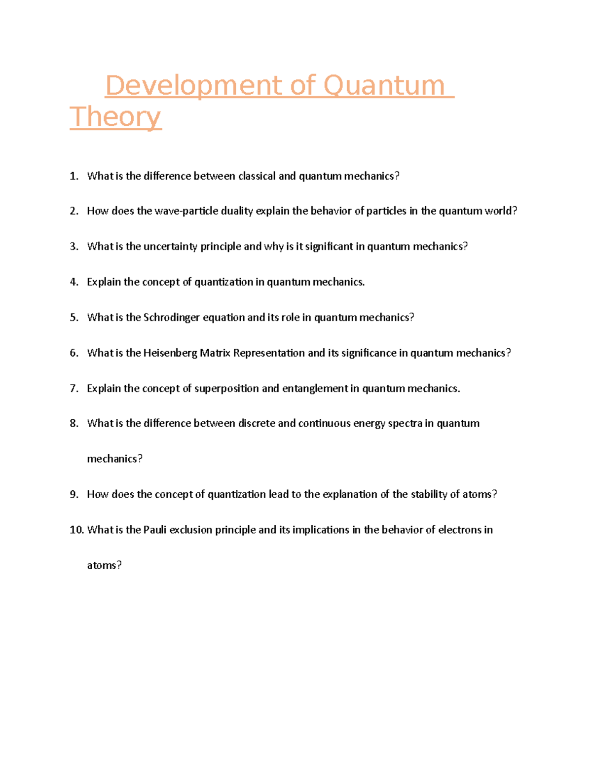 Reasoning questions for Quantum Theory - Development of Quantum Theory ...
