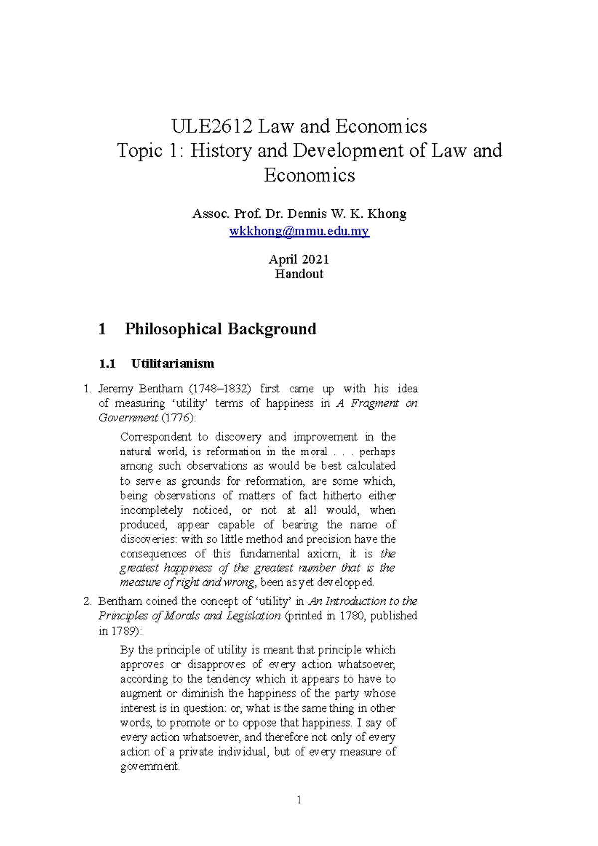 ULE2612 - 1 - History and Development of law and economics - Handout ...
