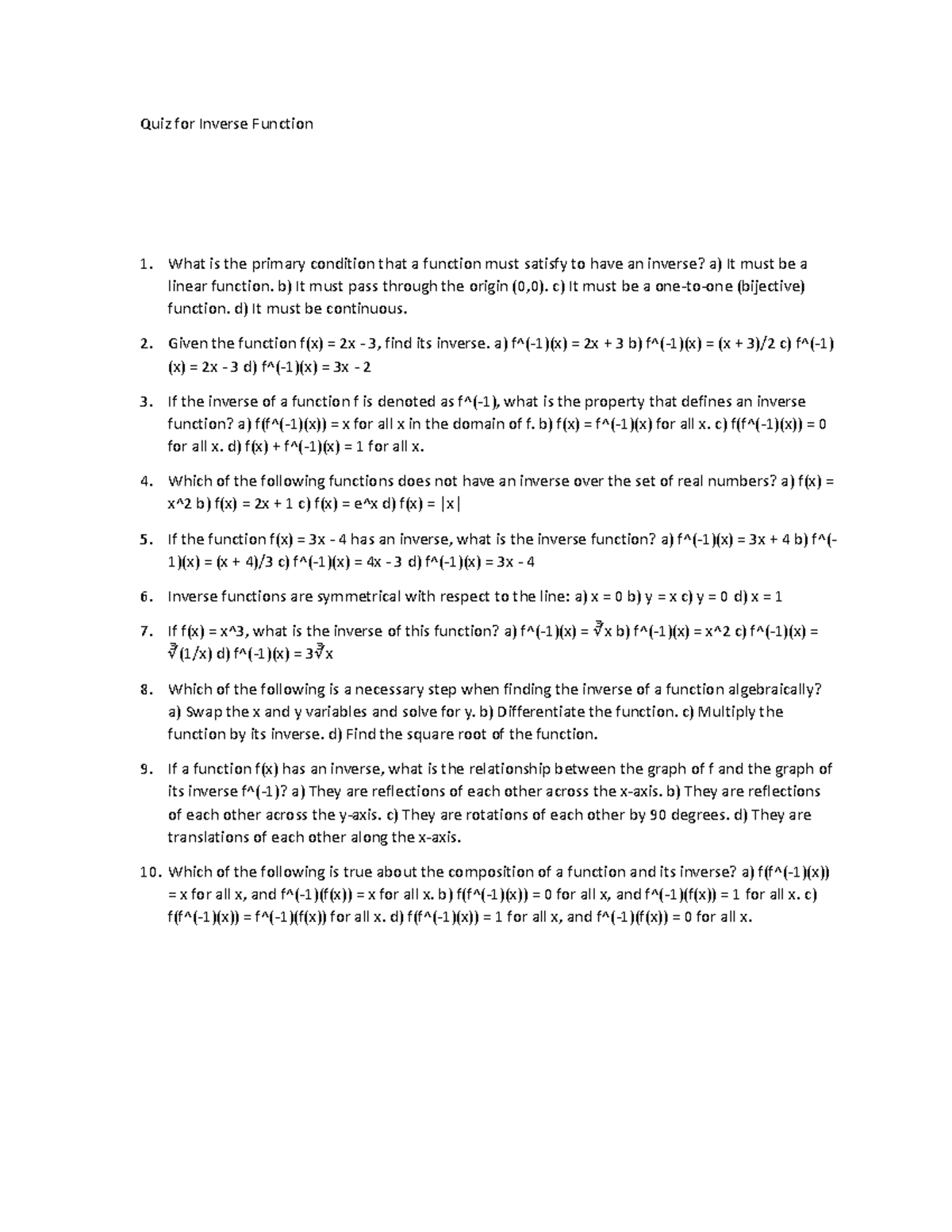 Quiz for Inverse Function - Quiz for Inverse Function What is the ...