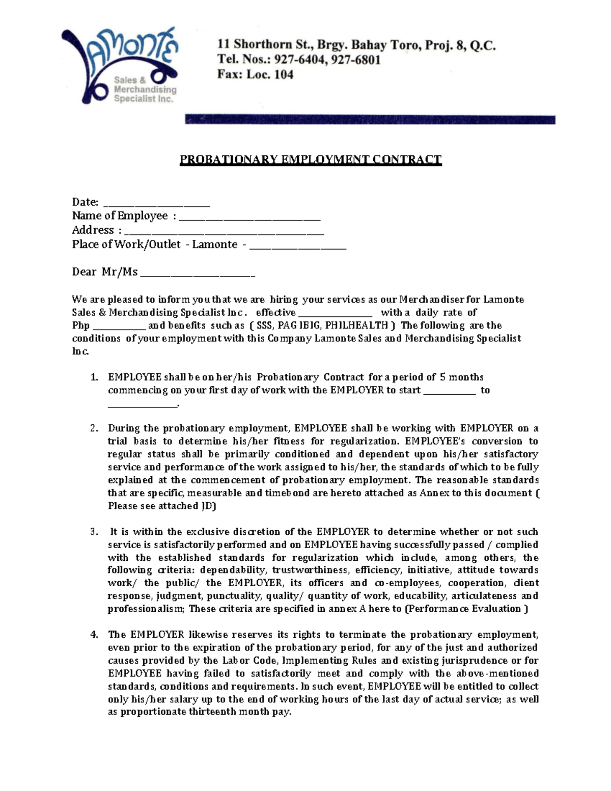 Probationary Employment Contract Merchandiser - PROBATIONARY EMPLOYMENT ...