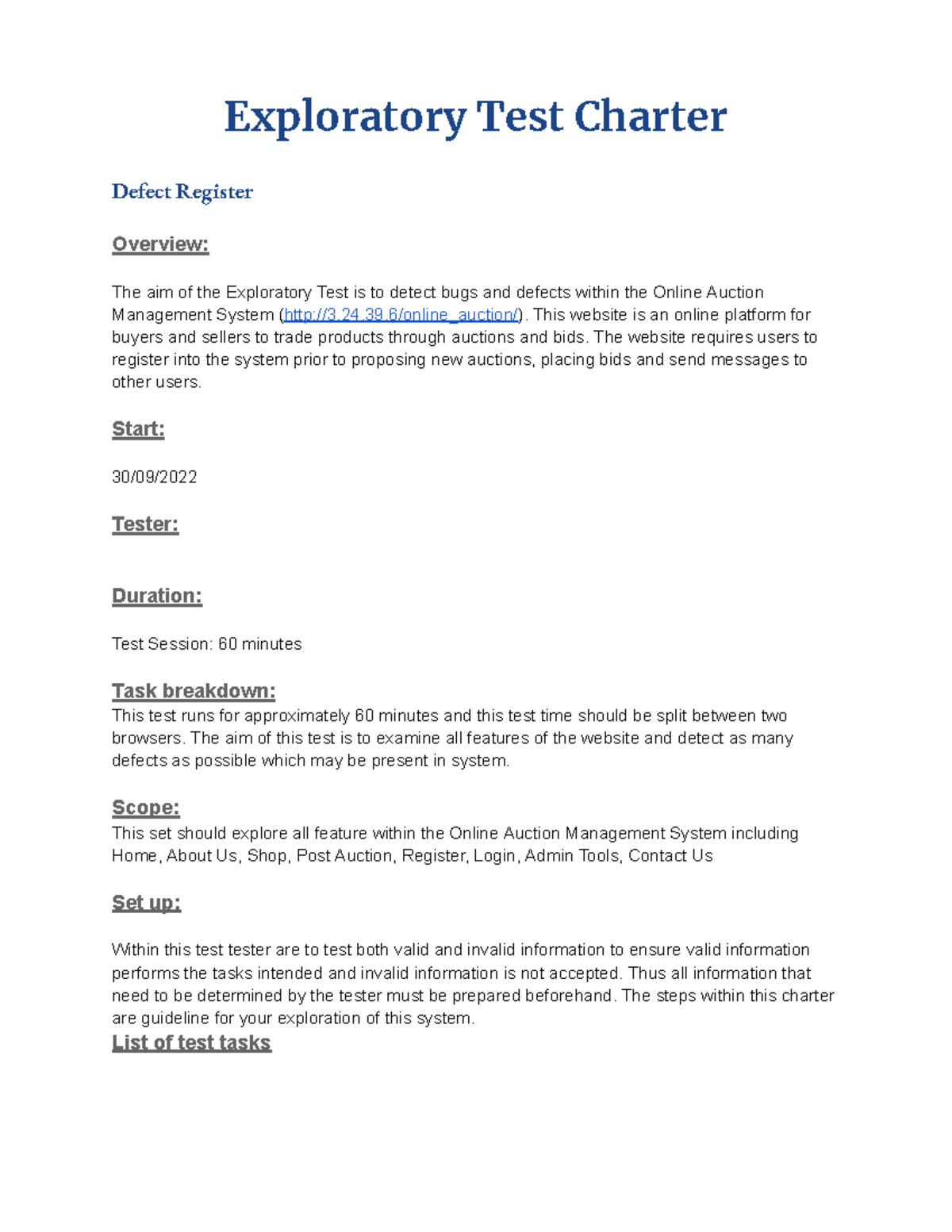 Systems testing and quality management Assignment 2 - Exploratory Test ...