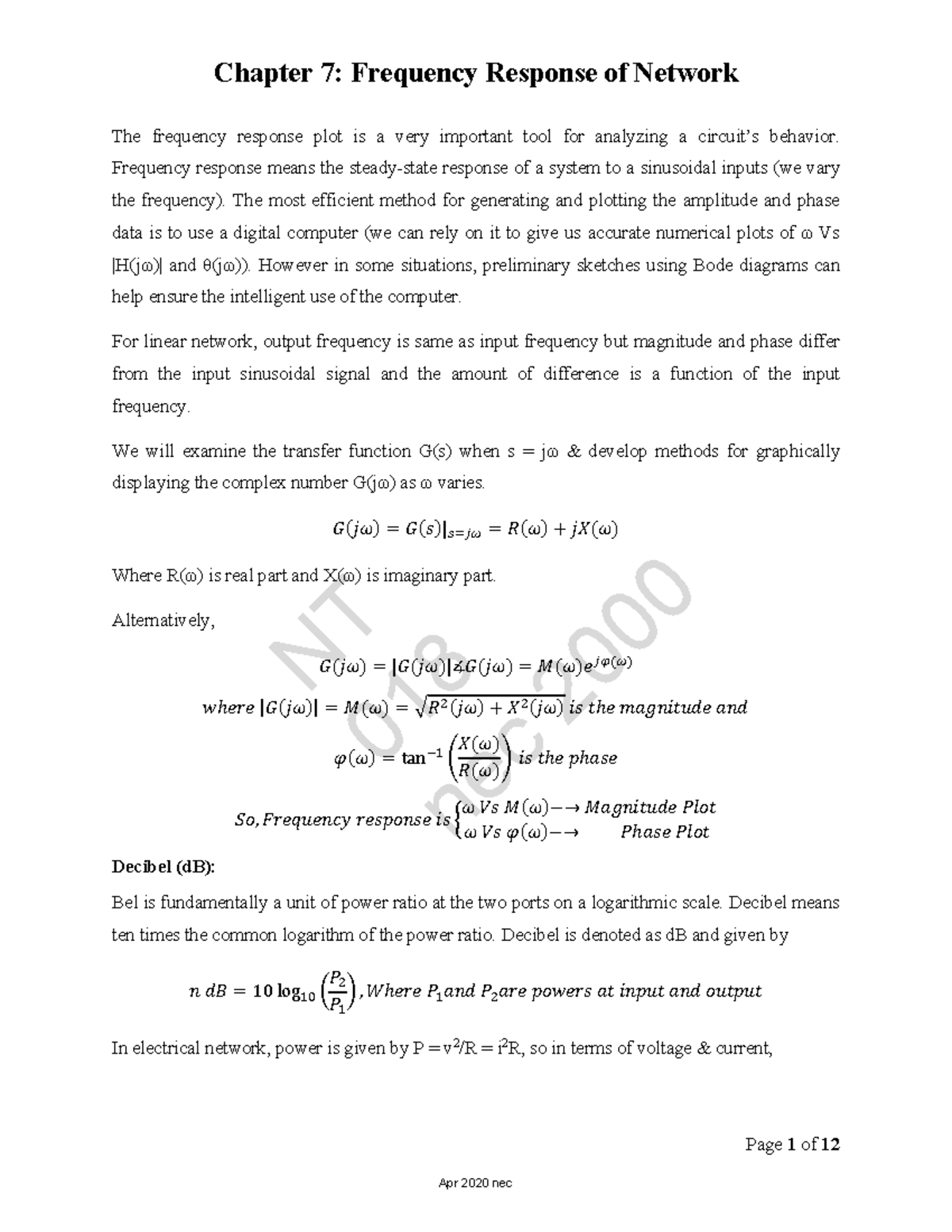 Frequency Response of Network - Page 1 of 12 The frequency response plot is a very important ...