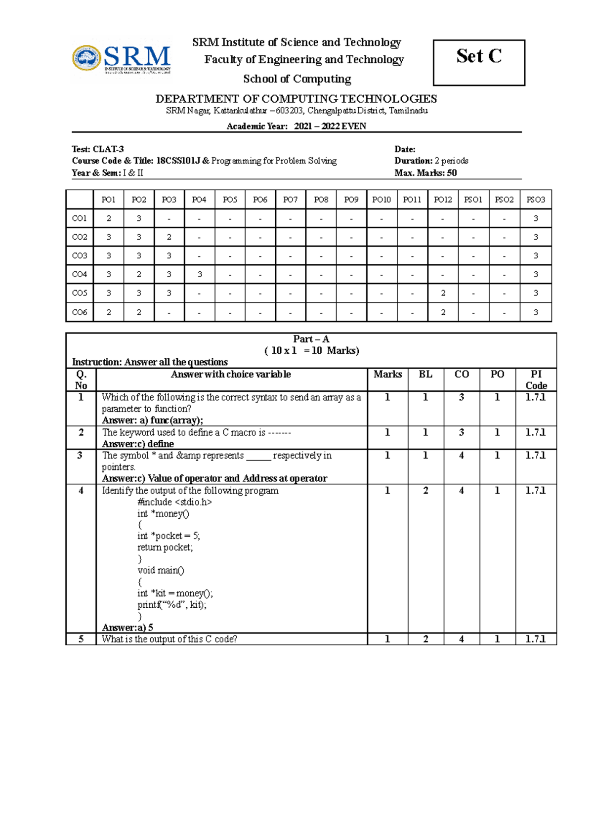 Set C Answer Key Ct 3 Pps Clat 3 Set C Question Paper Srm Institute Of Science And