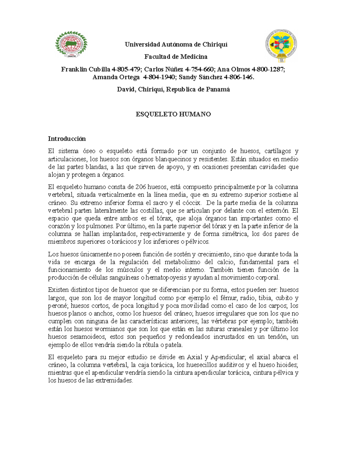 Informe DE Sistema Esqueletico - Universidad Autónoma de Chiriquí ...