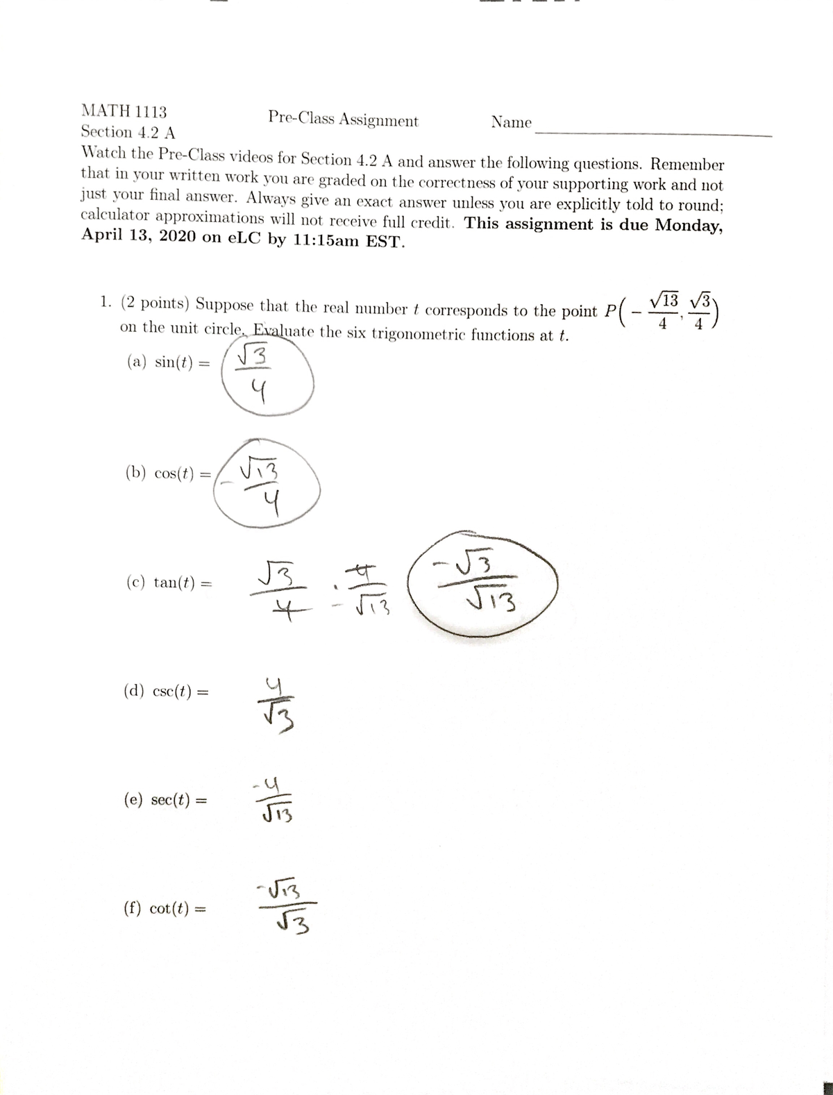 4.2a pc - homework. - Math2500 - Studocu