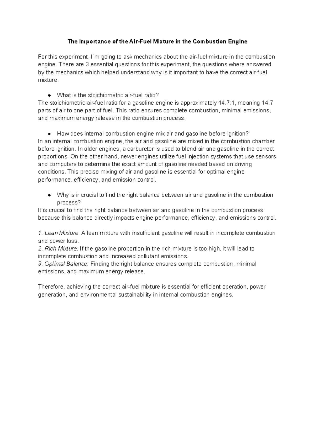 The Importance of the Air-Fuel Mixture in the Combustion Engine-Essay 1 ...