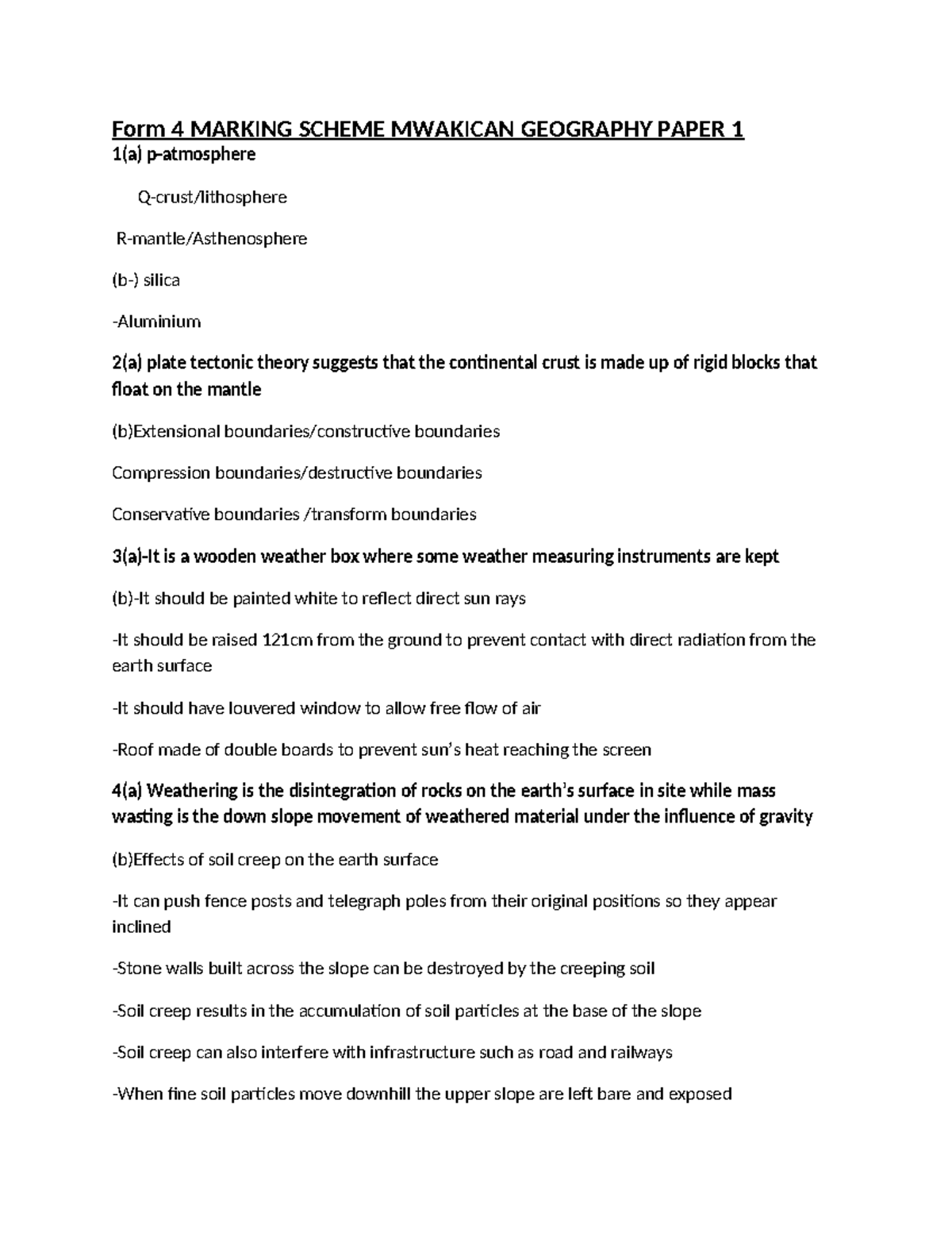 Geography FORM 4 P1 MS - Good - Form 4 MARKING SCHEME MWAKICAN ...