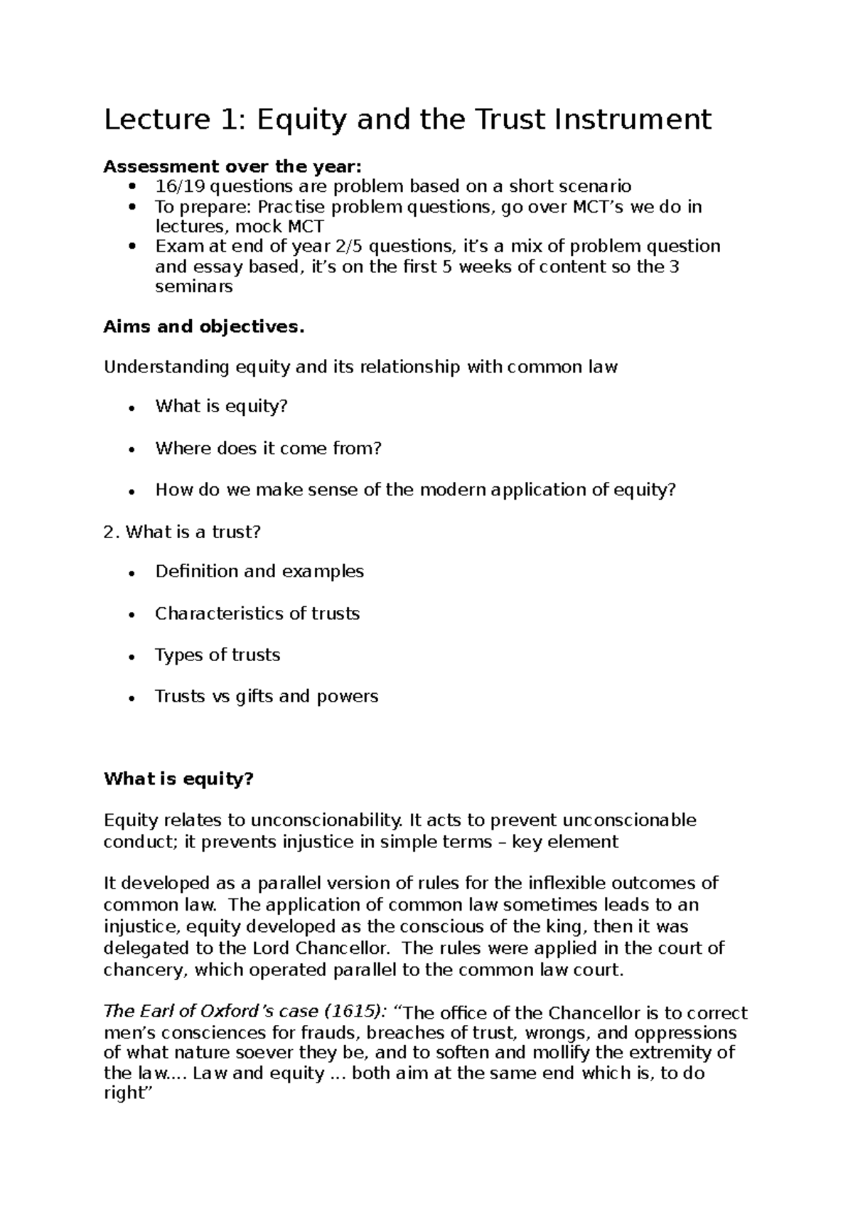 Trusts lect 1 - Lecture 1: Equity and the Trust Instrument Assessment ...