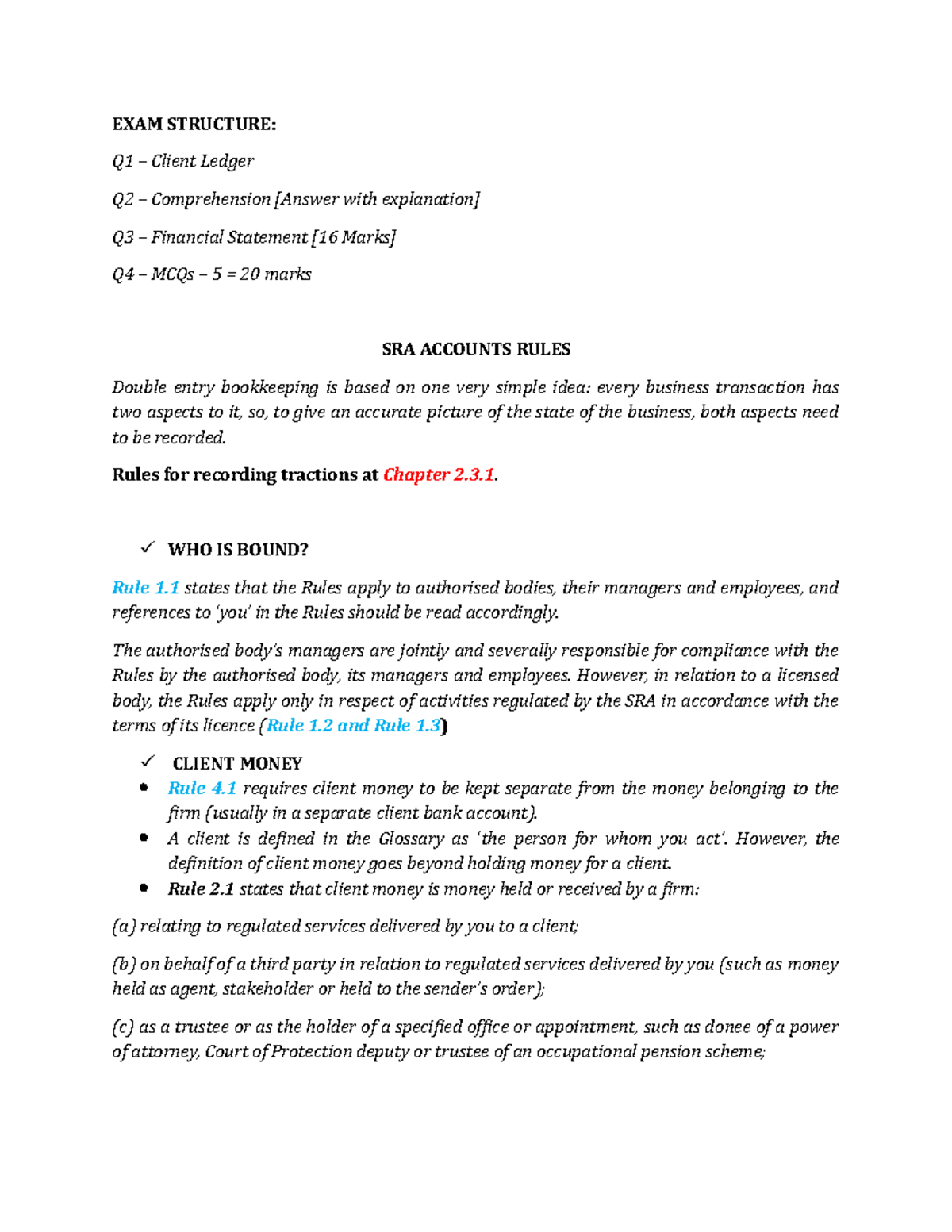 Solicitors Accounts Exam notes - EXAM STRUCTURE: Q1 – Client Ledger Q2 ...
