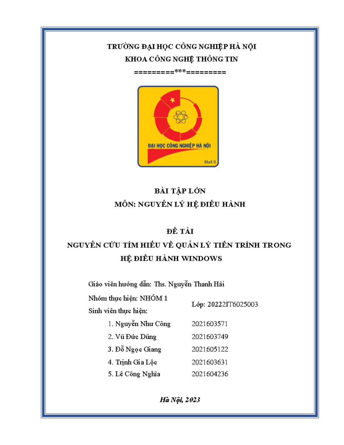BTL- Nlhdh-NHOM1 - TRƯỜNG ĐẠI HỌC CÔNG NGHIỆP HÀ NỘI KHOA CÔNG NGHỆ THÔNG TIN ...