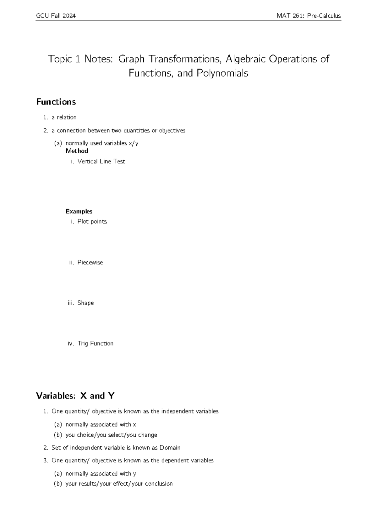 Fall 2024 MAT 261 Topic 1 Notes - GCU Fall 2024 MAT 261: Pre-Calculus ...