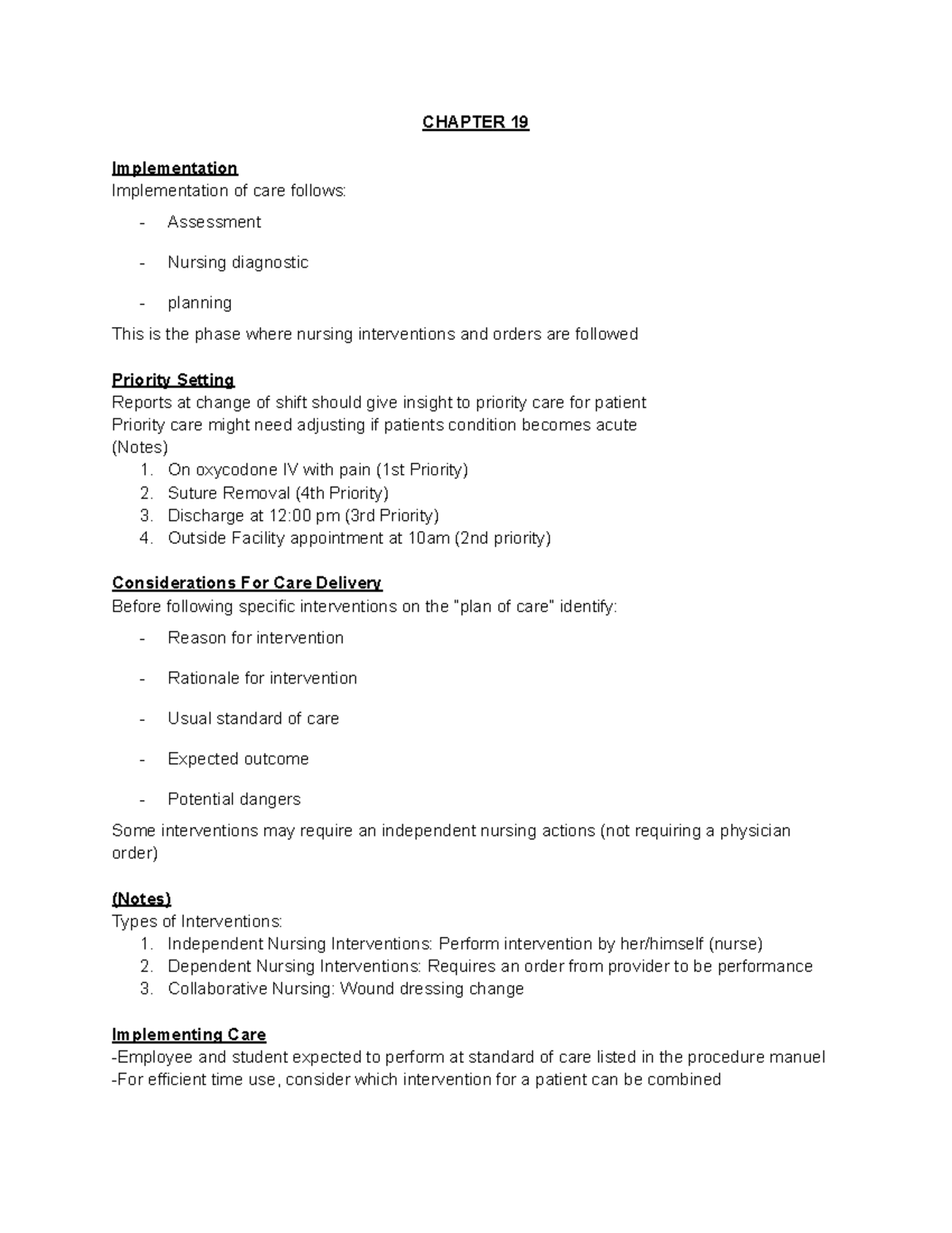 Chapter 19 Implementing Nursing CARE - CHAPTER 19 Implementation ...