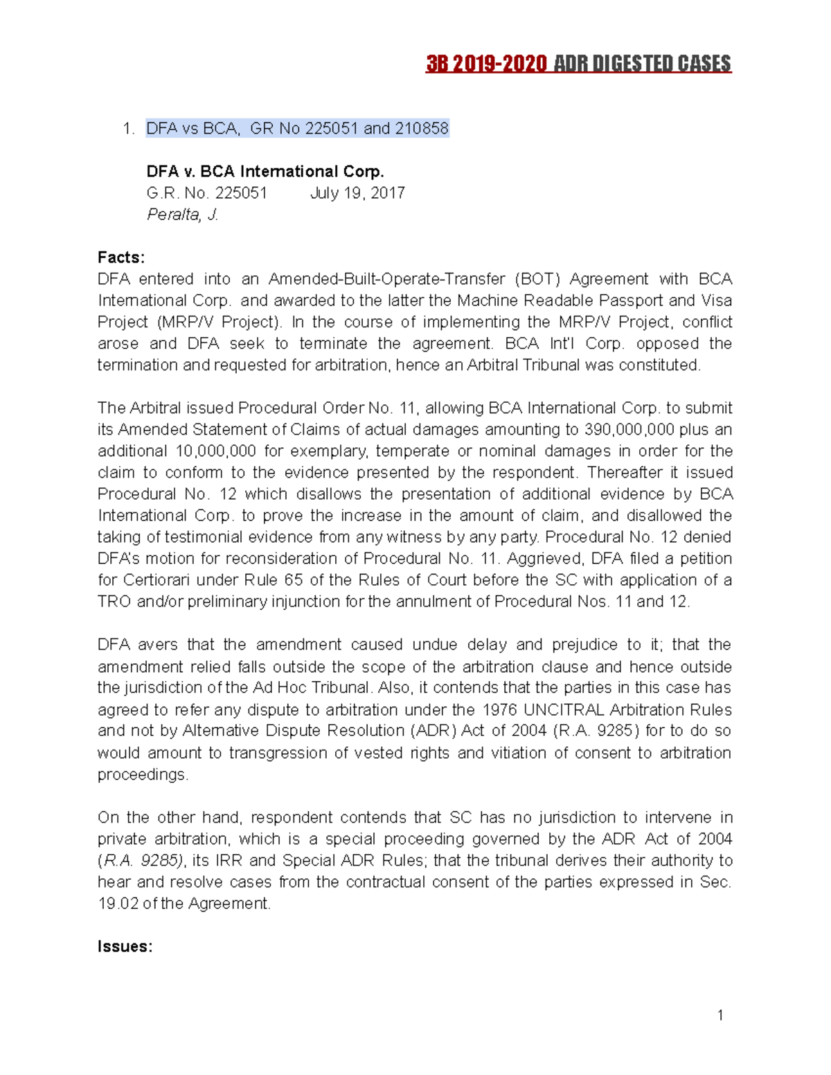 Adr digested cases peralta j - 3B 2019-2020 ADR DIGESTED CASES 1 DFA vs ...