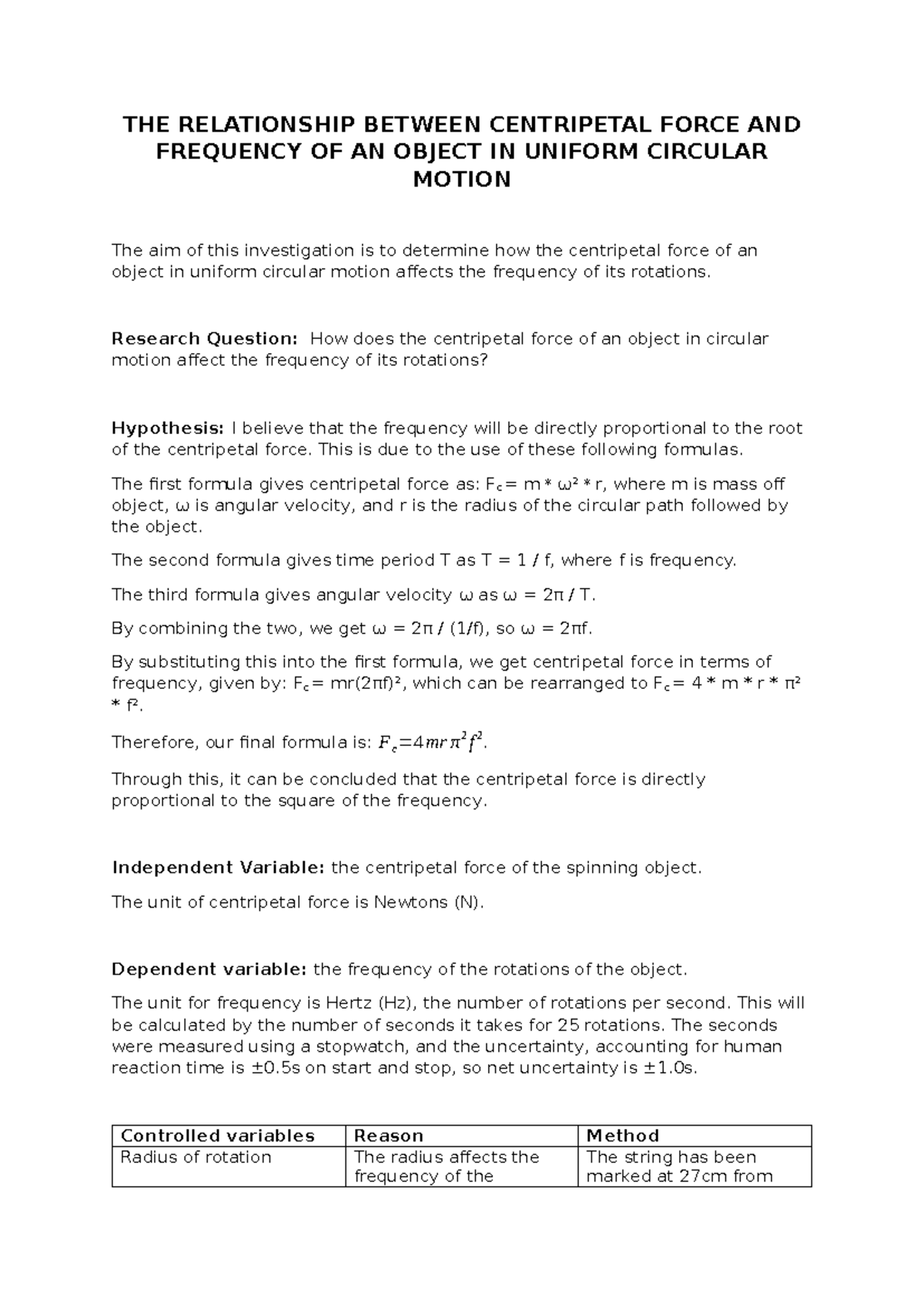 Practice IA centripetal force - THE RELATIONSHIP BETWEEN CENTRIPETAL FORCE AND FREQUENCY OF AN ...