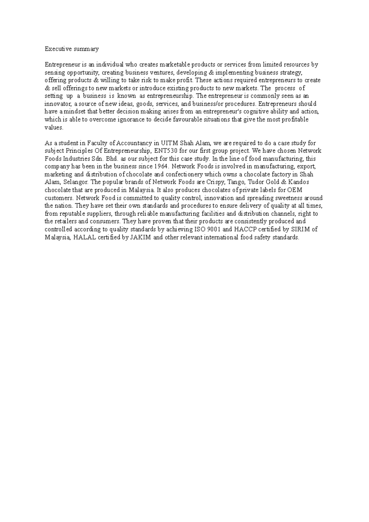 Executive summary - Executive summary Entrepreneur is an individual who ...