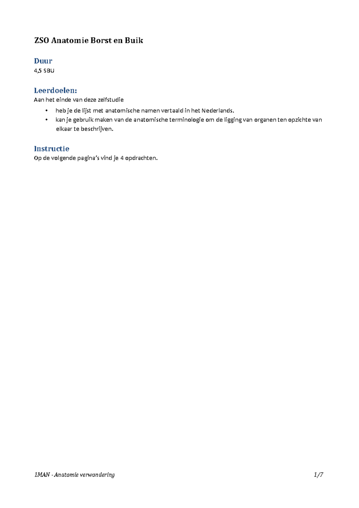 1MAN - ZSO Anatomie van Borst en Buik - ZSO Anatomie Borst en Buik Duur ...