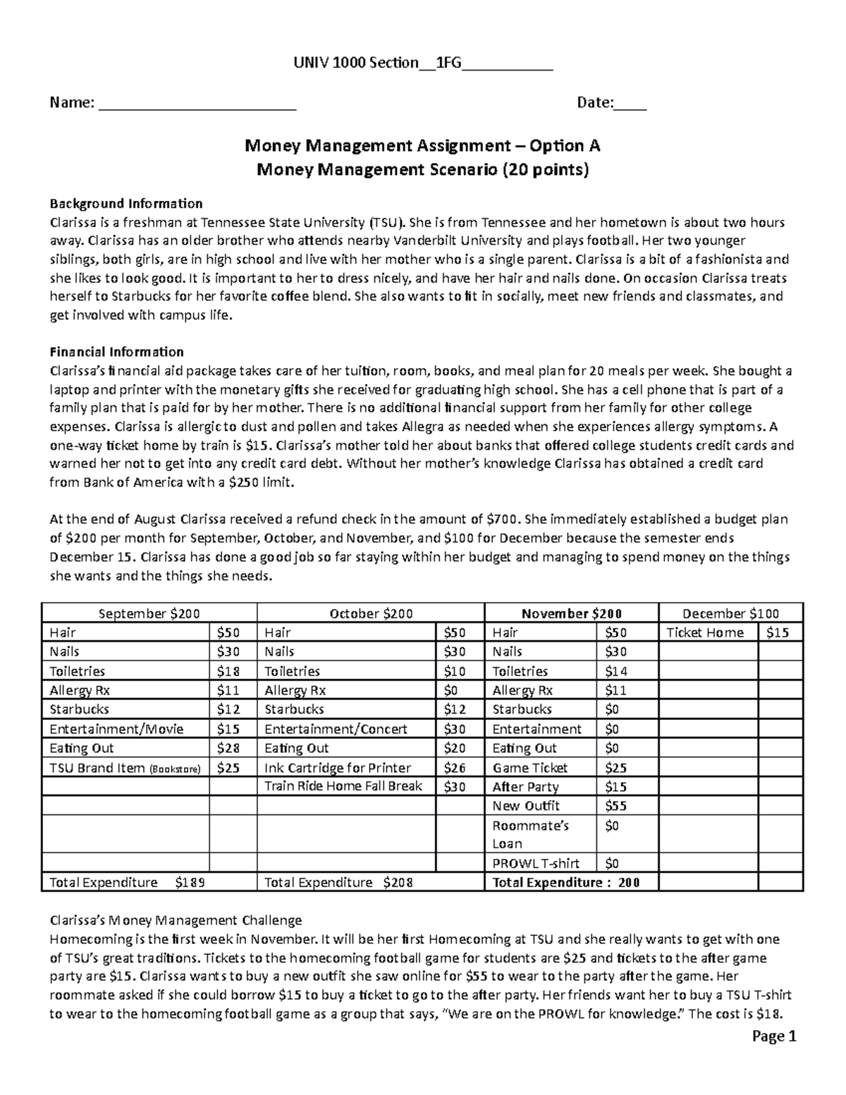 Money Management Assignments Option A - UNIV 1000 Section__1FG ...