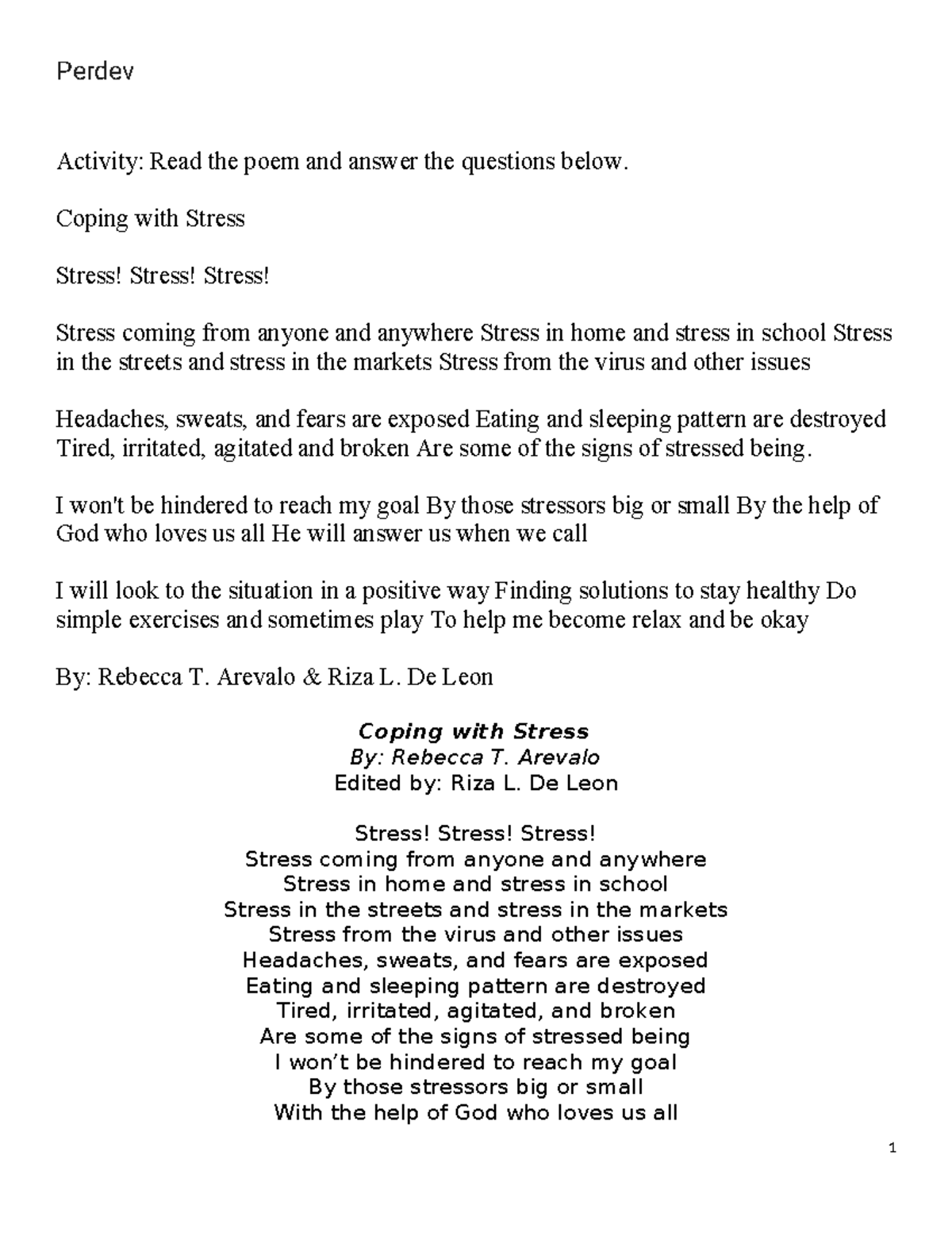 Perdev ( Coping with Stress ) - Perdev Activity: Read the poem and ...