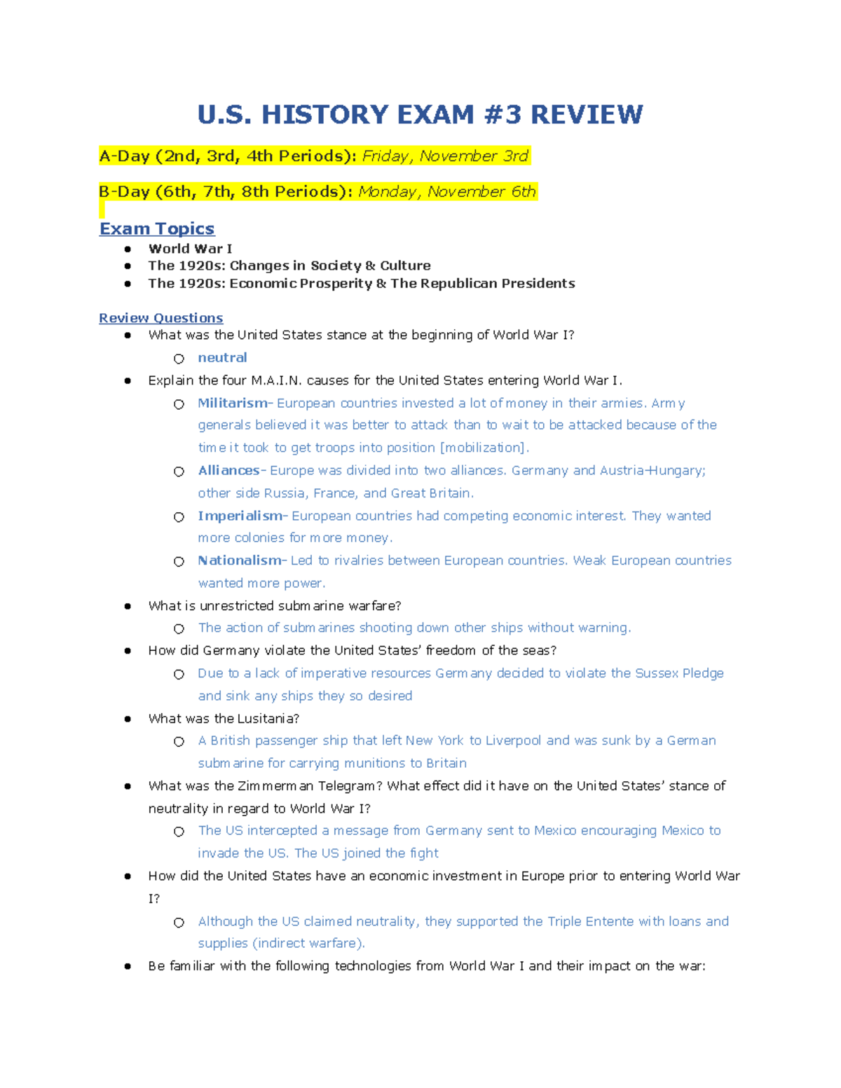 Exam #3 Review - U. HISTORY EXAM #3 REVIEW A-Day (2nd, 3rd, 4th Periods ...