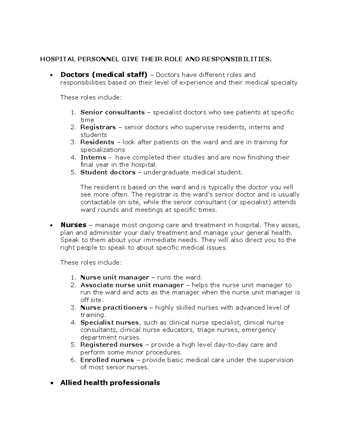 Hospital Personnel - HOSPITAL PERSONNEL GIVE THEIR ROLE AND ...