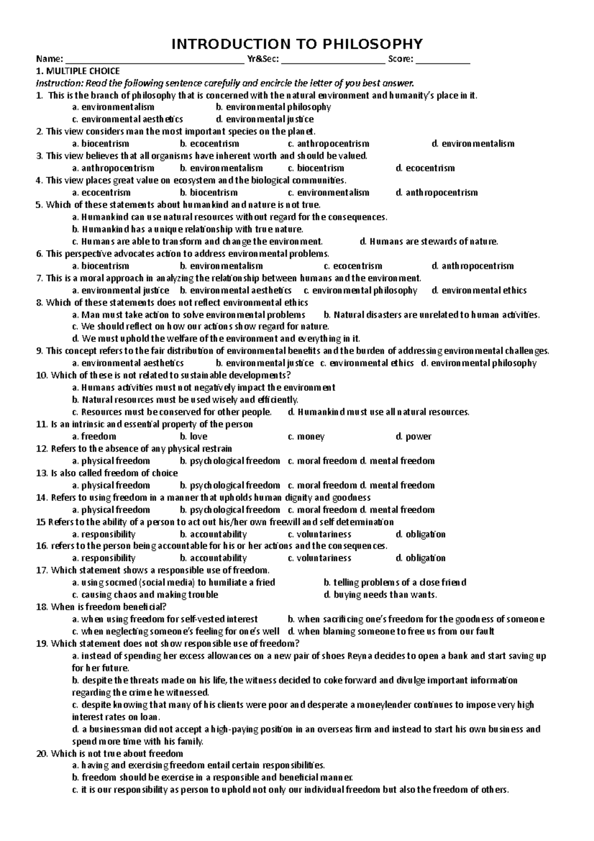 TQ-Philosophy - notes - INTRODUCTION TO PHILOSOPHY Name