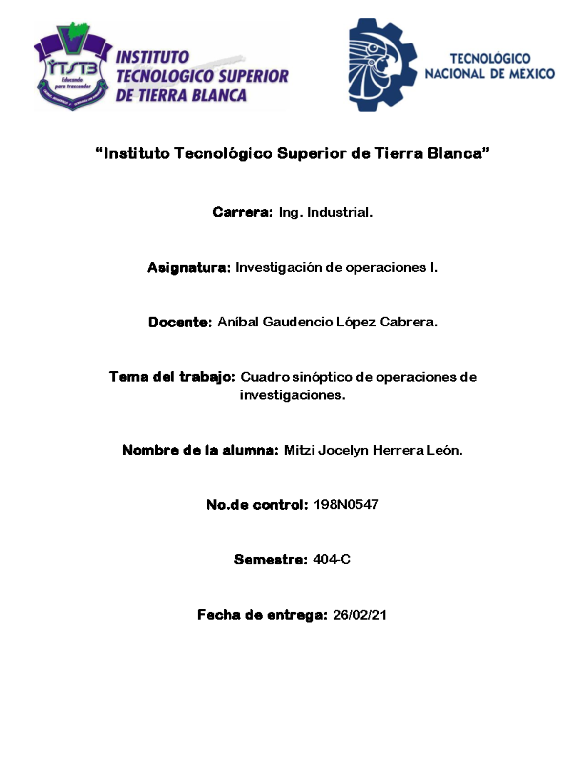 Actividad 1 Investigaciones de operaciones Herrera León - “Instituto ...