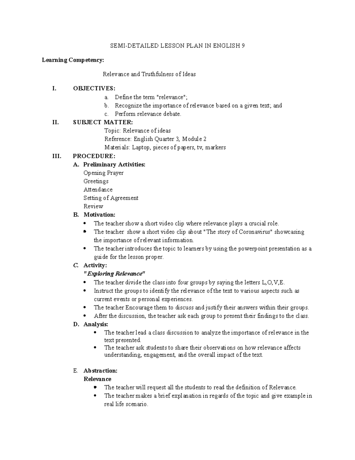 Semi-detailed lesson plan- Relevance - SEMI-DETAILED LESSON PLAN IN ...