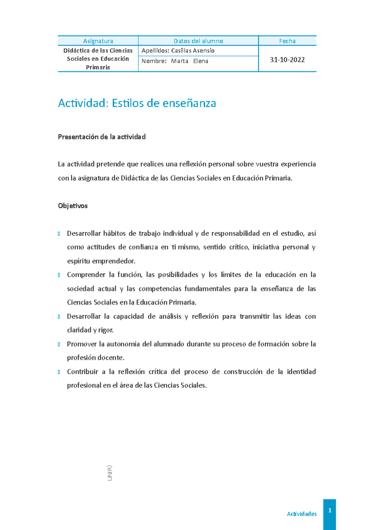 Actividad Estilos de Enseñanza Didáctica de las Ciencias Sociales Marta Casillas Asensio - (UNIR ...