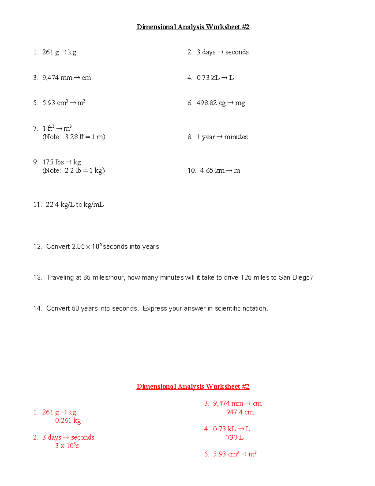 Dimensional Analysis Worksheet with solutions - Dimensional Analysis ...