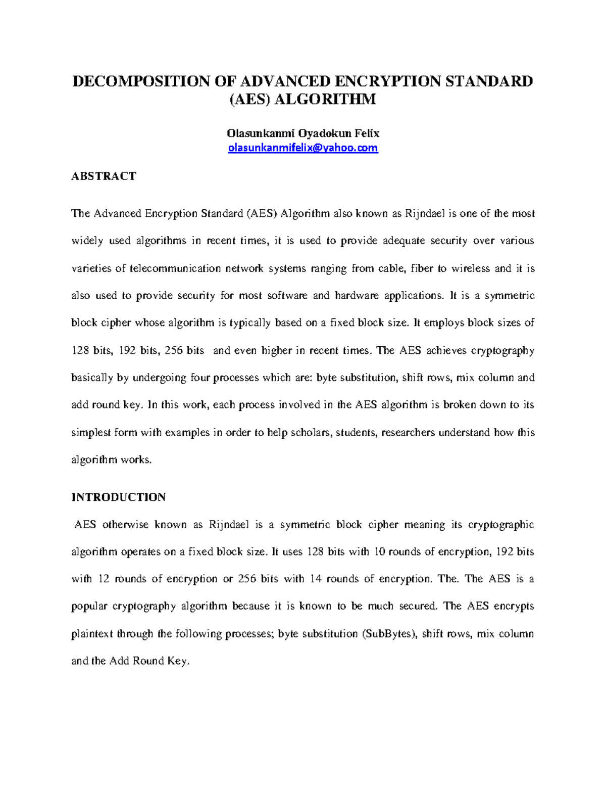 DECOMPOSITION OF ADVANCED ENCRYPTION STANDARD (AES) ALGORITHM - Warning: TT: undefined function ...