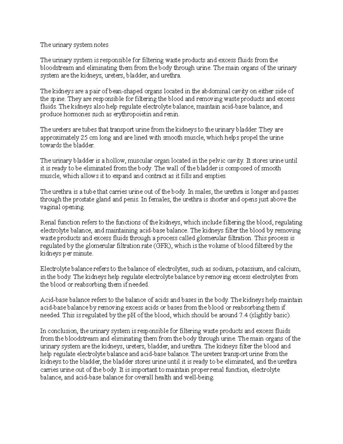 The urinary system notes - The main organs of the urinary system are ...