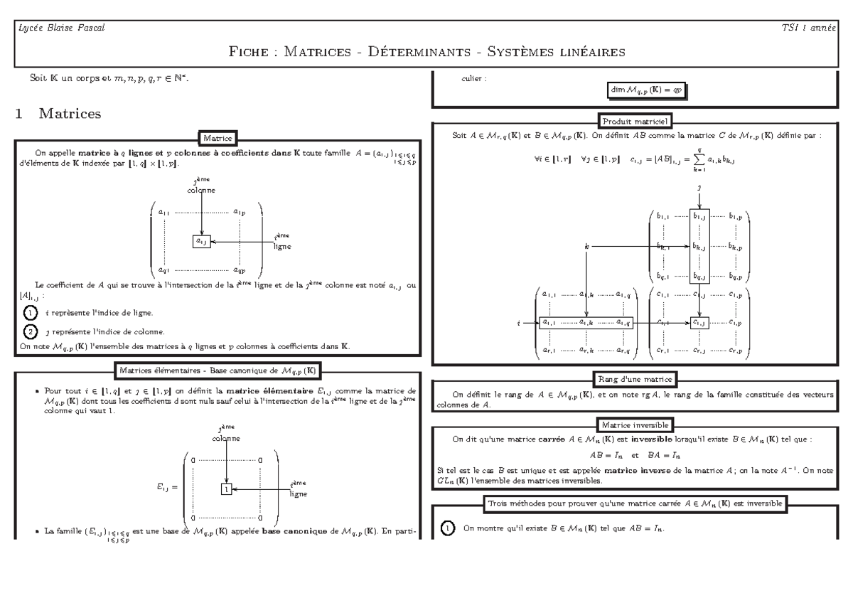 Matrice Fiche - Lyc ́ee Blaise Pascal TSI 1 ann ́ee Fiche : Matrices - D ́eterminants - Syst ...