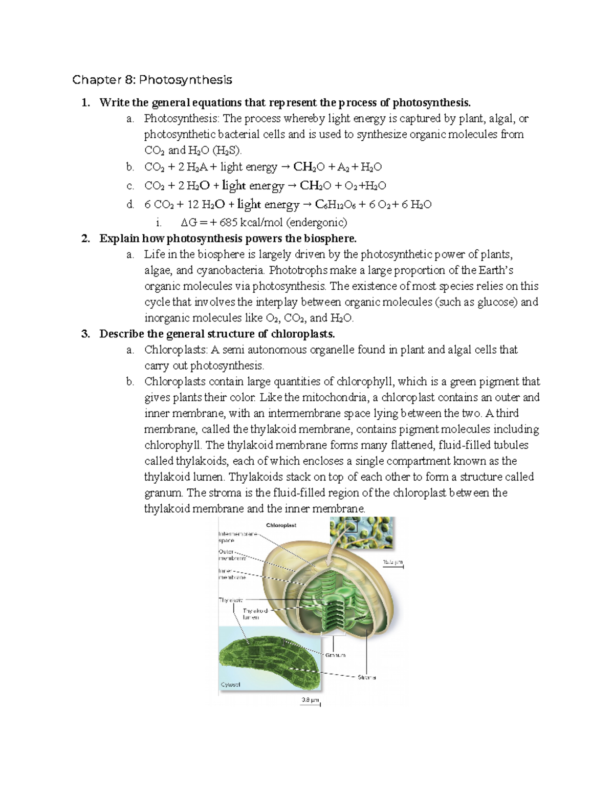 BIO 1200 Chapter 8 Review - Chapter 8: Photosynthesis Write the general ...