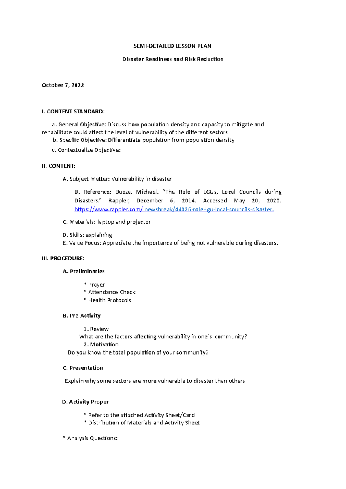 Semi-Detailed-Lesson-Plan DRRR 10 - SEMI-DETAILED LESSON PLAN Disaster ...