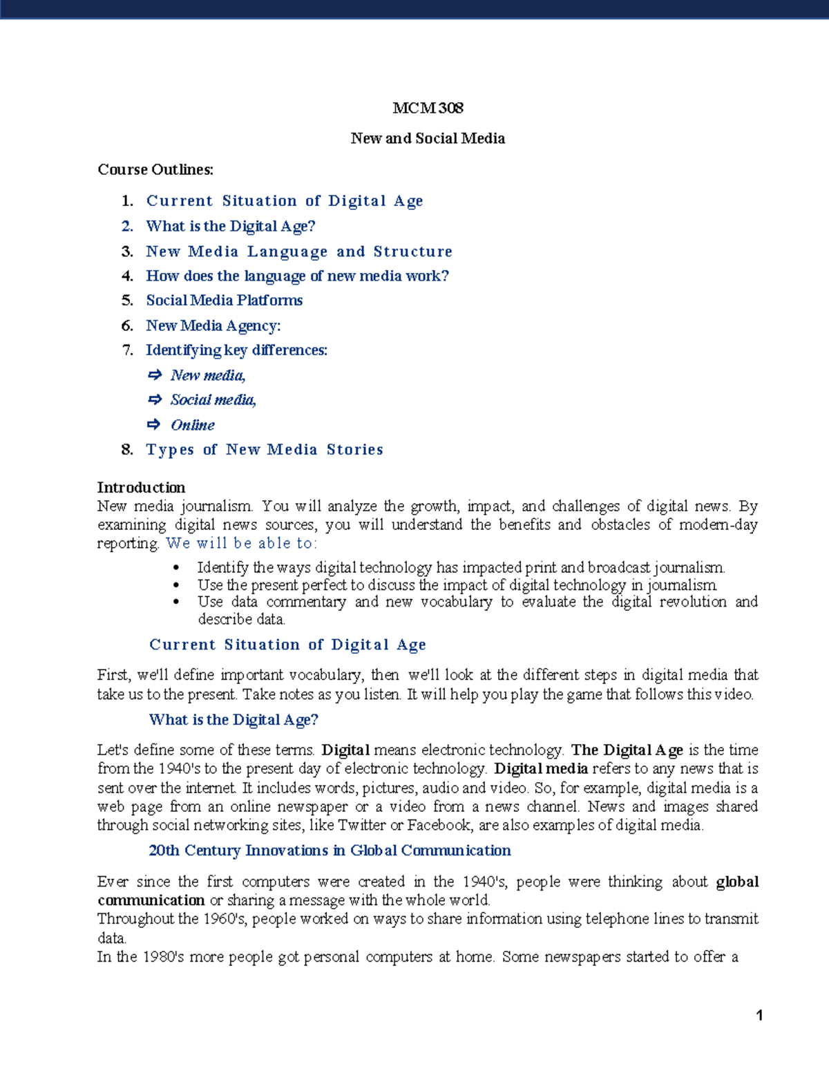 MCM 308 New and Social Media - MCM 308 New and Social Media Course ...