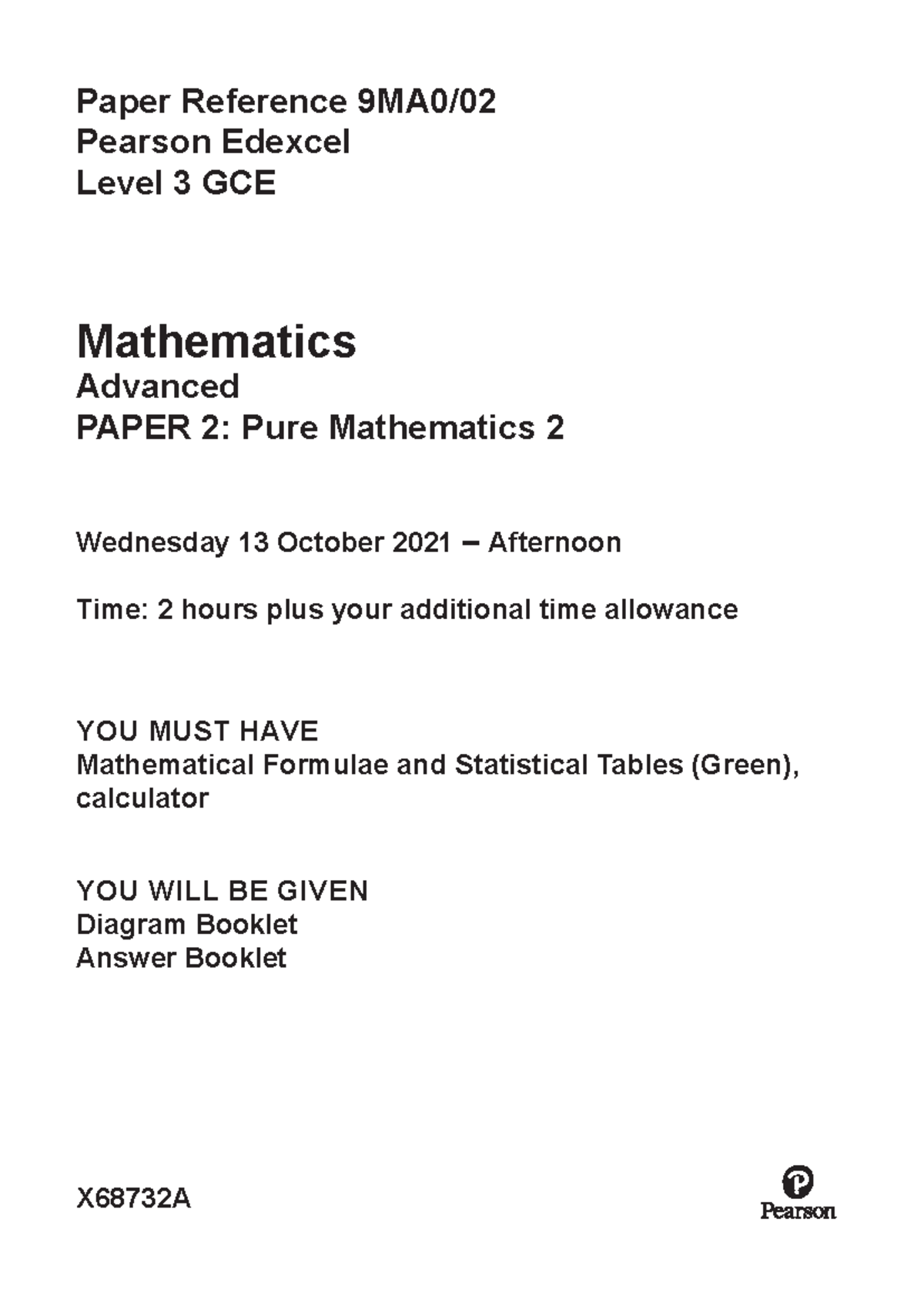 X68732 A 18pt A4 9MA0 02 QP - Paper Reference 9MA0/ Pearson Edexcel ...