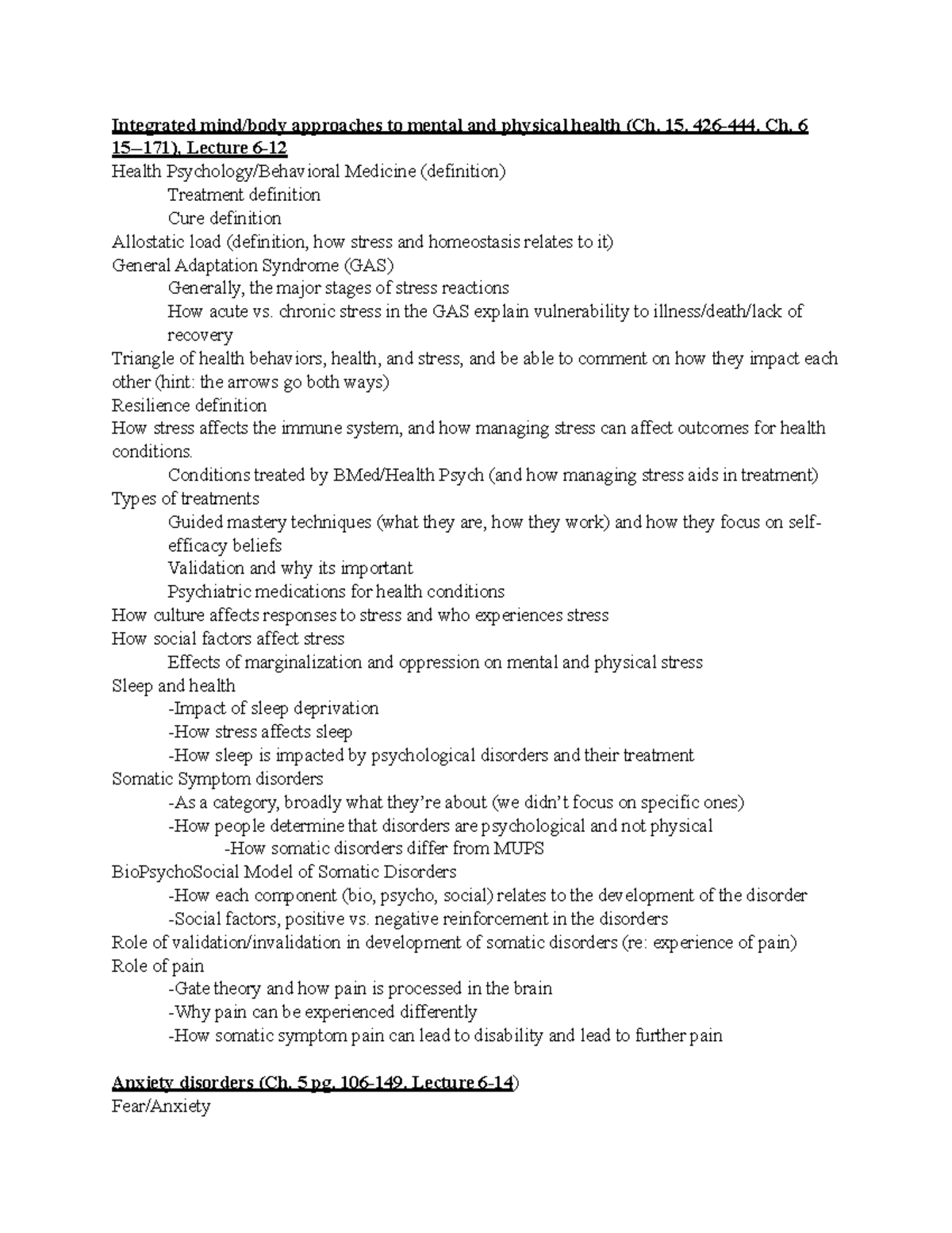 Exam 2 Study Guide - Integrated approaches to mental and physical ...