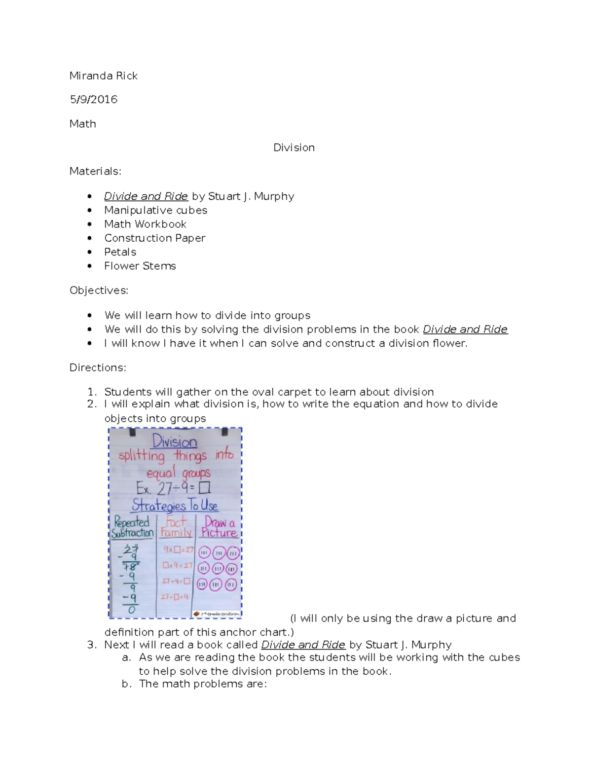 312977795 Math Lesson Plan - Miranda Rick 5/9/ Math Division Materials ...